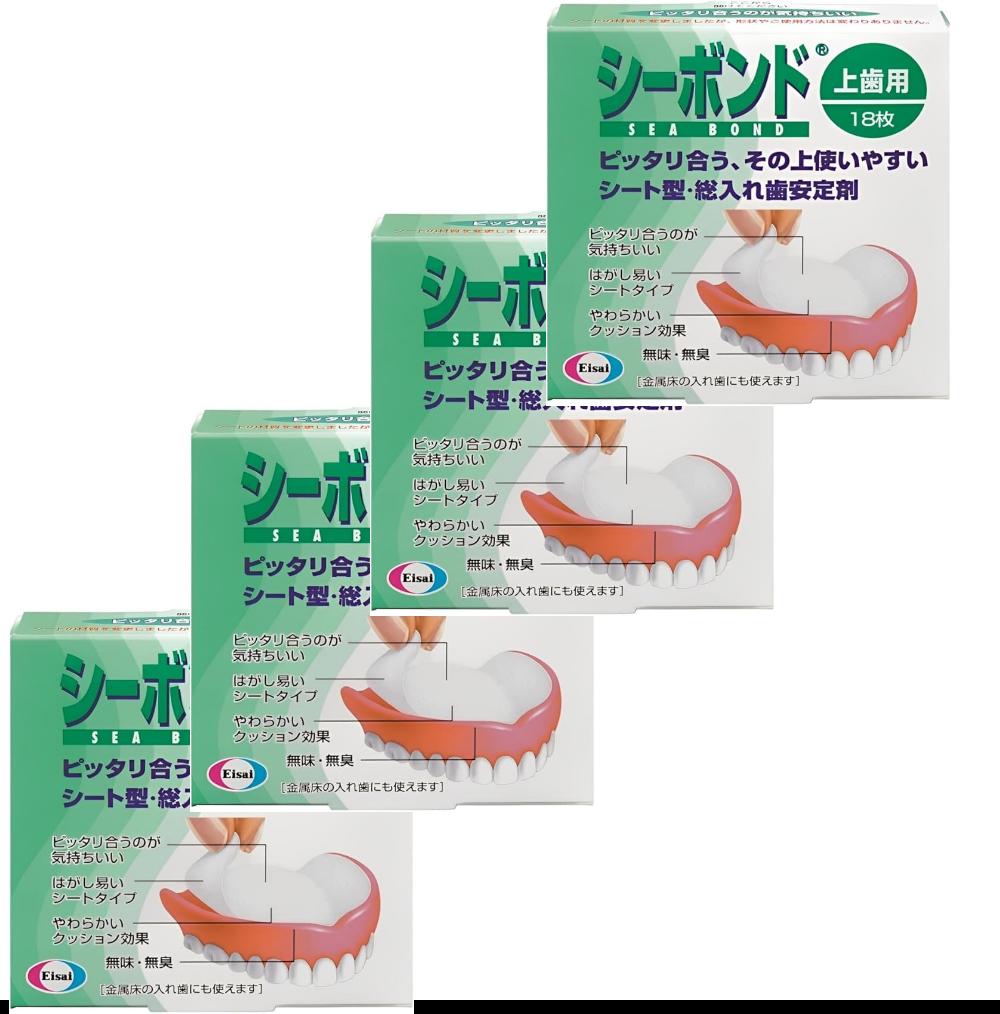 【4箱セット】シーボンド 上歯用 18枚【まとめ買い】　栃木倉庫 シーボンド 上歯用 18枚 海草から抽出 総入れ歯安定剤 シート状 入れ歯 ピッタリ密着 1日中接着力が持続 やわらかいクッション 歯ぐき 無味無臭 使い心地も快適 ●シーボ...