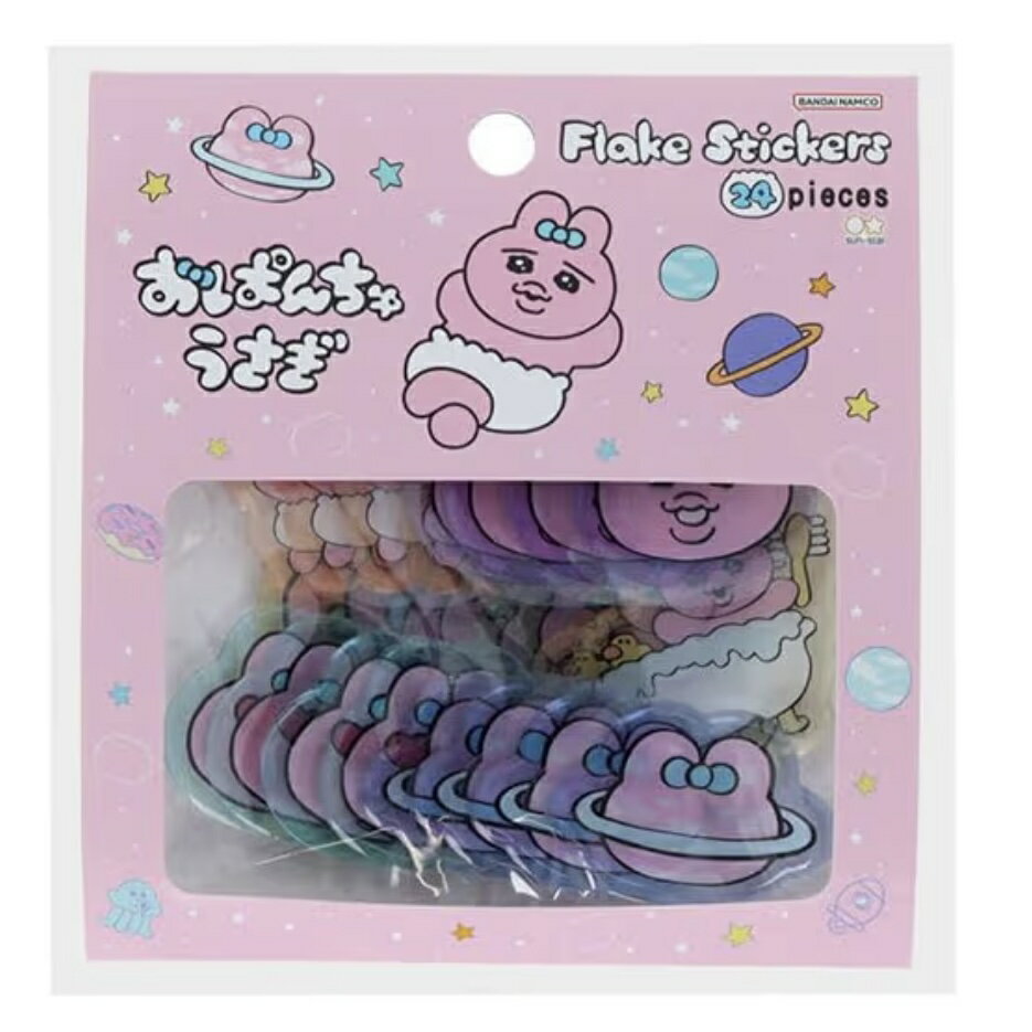 ■　商品紹介独特な世界観が魅力の「おぱんちゅうさぎ」ステーショナリーが登場！ 特長　　　ぷっくりした質感が可愛いフレークシール 内容　　　大　4柄 各2枚 計8枚 、小　4柄 各4枚 計16枚 サイズ　　W40×H40×D3mm 材質　　　PVC