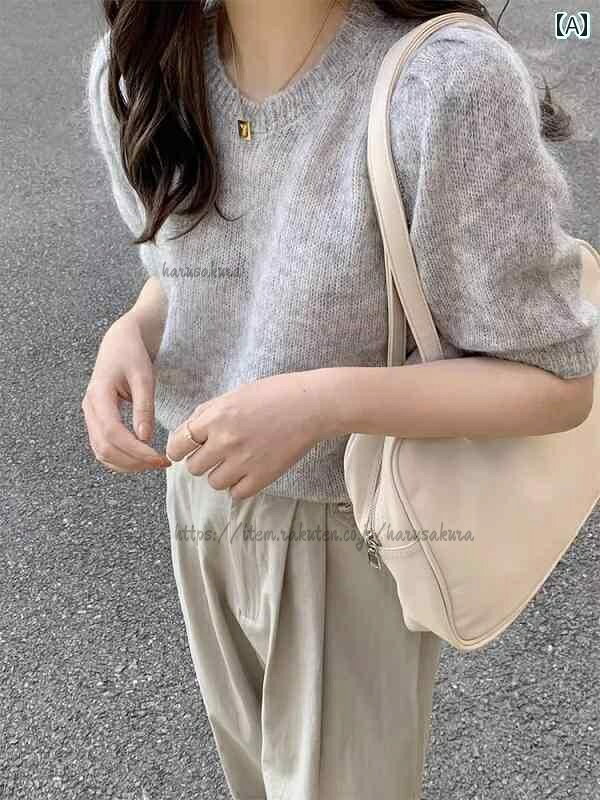 襟: スクープカラー服の前立て: プルオーバー袖タイプ: パフスリーブ袖丈:半袖服の長さ: ショートシルエット:ゆったりパフスリーブ 半袖 ニット レディース トップス ニット セーター セーター 早い者勝ち S M L XL A:グレー ...