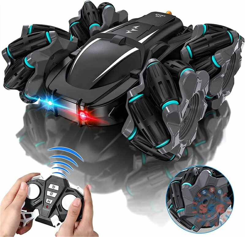 【電動リモコンカー】LEDライト搭載のフル機能スタントカーです。このオフロードカーは両サイド走行、前進/後退、左/右折、45°横ドリフト、180°フリップ、360° °回転します。最高速度は12KM / Hで、素早く回したり回転したりできる...
