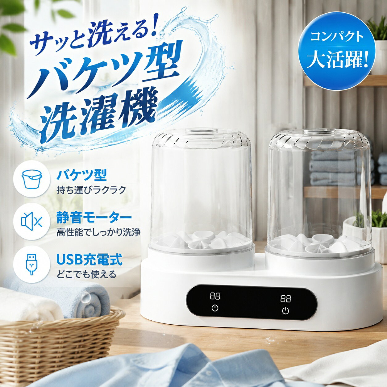 商品詳細商品紹介商品についてバケツ型洗濯機クリアホワイトは、コンパクトでありながら高性能な静音モータを搭載したミニ洗濯機です。下着や靴下、ベビー服などの小物を手軽に洗浄消臭できるため、寮やアパート、旅行先での使用に最適です。防災用としても活...