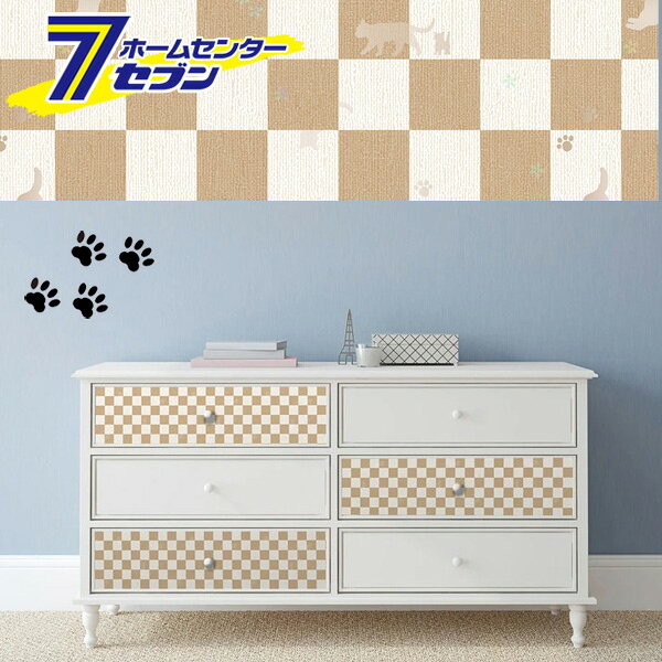「貼ってはがせる装飾シート　DEC-11 市松ネコ柄 BE　ベージュ　80cm×100cm 明和グラビア [DECO　SHEET　デコシート　模様替　装飾　貼って剥せる　防水　BOX　台所　家具　棚　インテリア　シール DIYシート　カッテ...