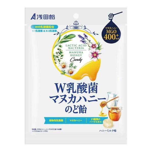 ★出荷日数目安 こちらの商品は、通常3〜4営業日で出荷となります。 商品名 W乳酸菌マヌカハニーのど飴　60g　【浅田飴】 内容量 60g メーカー名 浅田飴 素材・原材料・成分 砂糖（国内製造）、水飴、植物油脂、はちみつ、食塩、ハーブエキ...