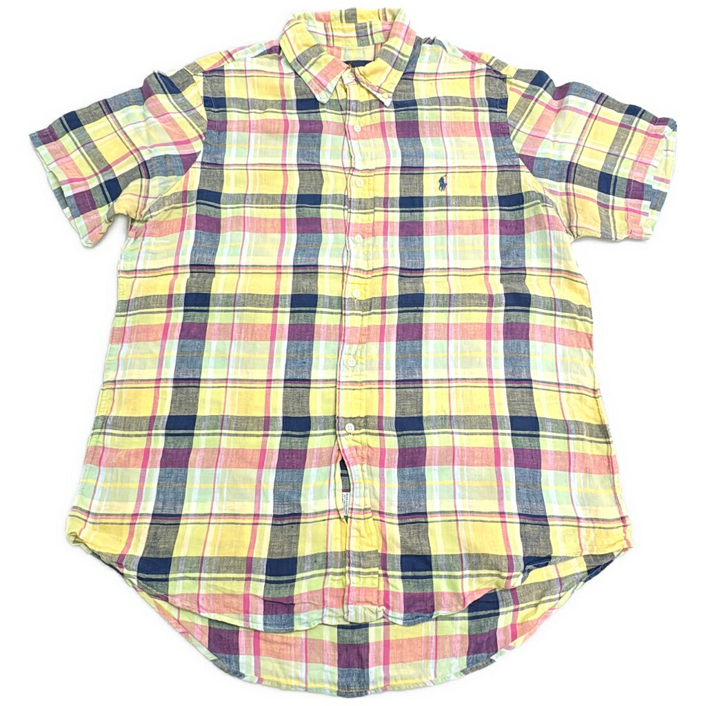 DESCRIPTION ブランドRALPH LAUREN/ラルフローレン サイズ【サイズ】L【実寸】 肩幅：約47cm着丈：約78cm身幅：約61cm袖丈：約25cm 主な素材表地 : 麻・リネン 色マルチカラー 仕様 ボタンダウンマドラス...