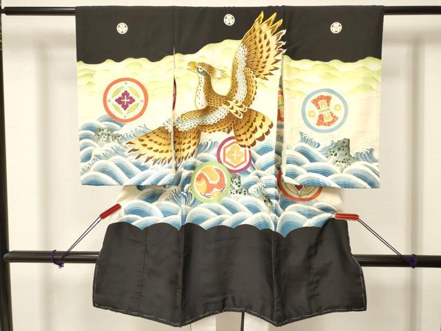 ■■■　サイズ　■■■ 【着物】 身丈 98cm（肩から） 裄丈 46.5cm 袖丈 56cm ■■■　商品詳細　■■■ 産着【表地：正絹・襦袢：化繊・五つ紋】の状態は 接写画像のように衿・襦袢裏地に薄い汚れがございますが その他特に目立っ...