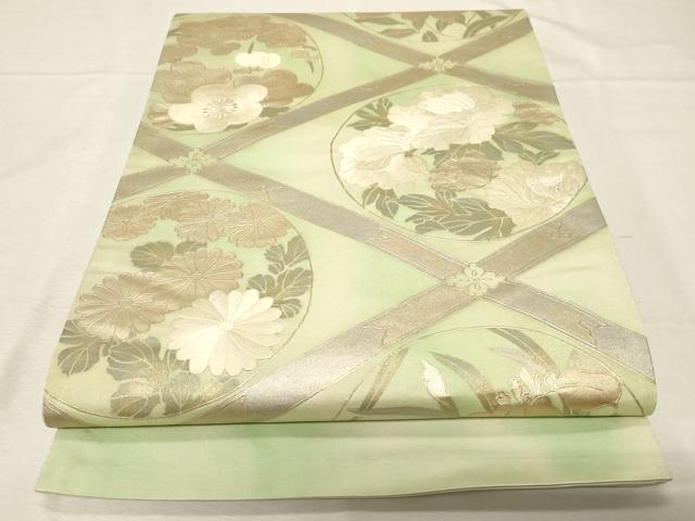 ■■■　サイズ　■■■ 長さ 420cm 幅 30cm程 ■■■　商品詳細　■■■ 【正絹・芯なし】 状態は接写画像のように表地所々に薄い汚れ、太鼓・前柄に金彩の剥がれ、柄止まりから手先にかけて折山の線汚れがございます。 大変上質な逸品にな...