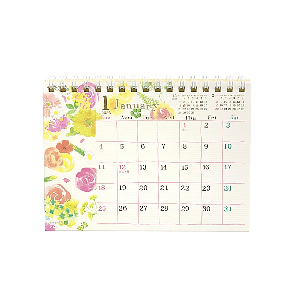 商品情報商品の説明毎年人気のnaminamaiシリーズ! カラフルなお花イラストがお部屋のインテリアにもなりそう！ A6サイズですので狭いスペースでも置ける卓上カレンダーです。 日曜始まり 13枚綴り リング仕様 全月裏面にはメモが付いてい...
