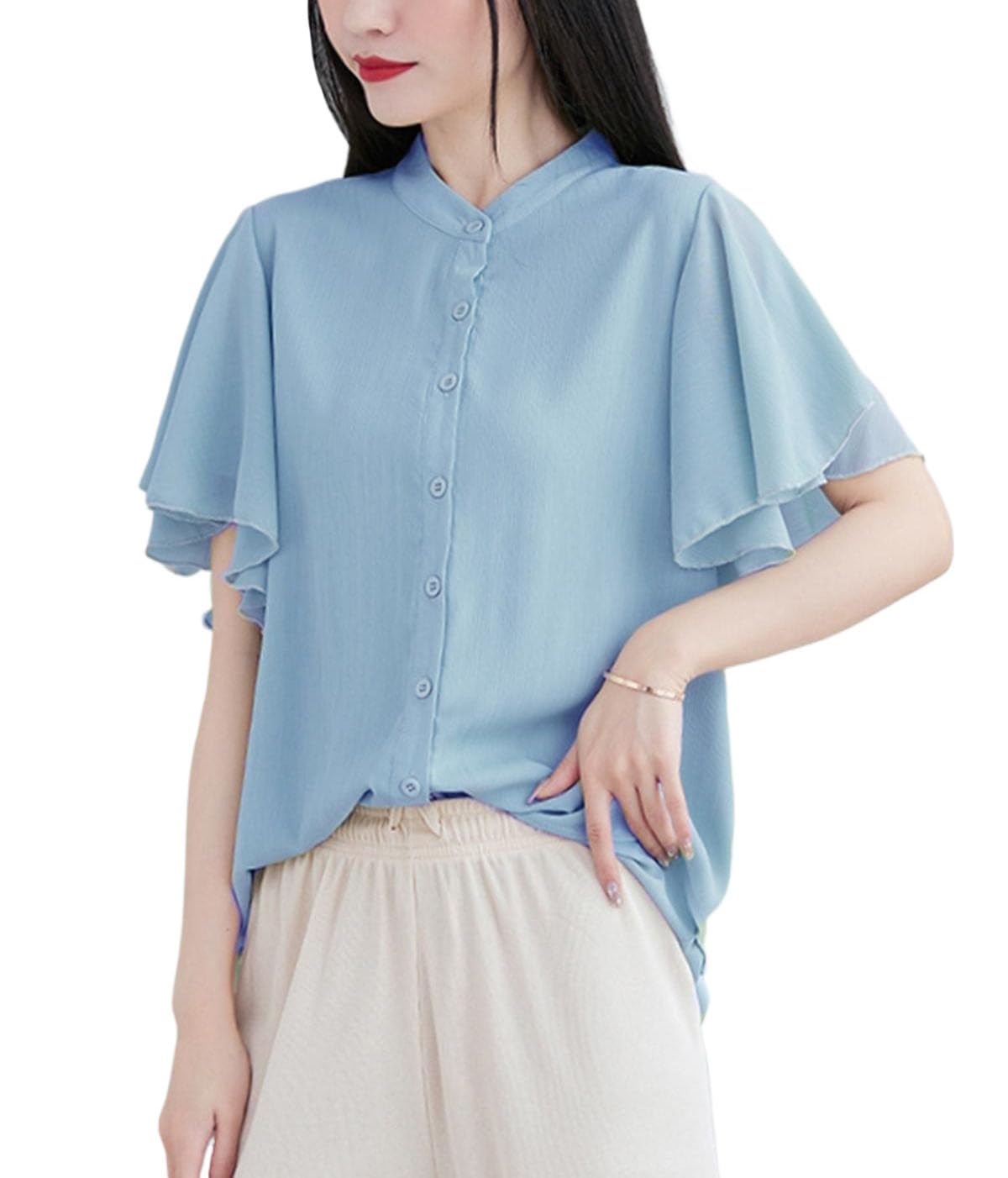 商品情報商品の説明主な仕様 大人可愛いコーデに欠かせないレディース半袖シャツをご紹介です。上品な印象のシフォン素材を使用し、型崩れやシワになりにくいのでお手入れも簡単です。ゆったりとした袖口にフリルをあしらったおしゃれなシャツは、夏の装いの...