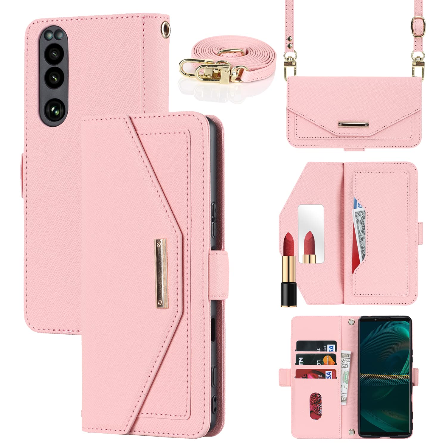 商品情報商品の説明Pelanty for Sony Xperia 5 III 手帳型ケース 縄掛け肩掛け斜めがけ 合成皮革+TPU 携帯カバー 化粧鏡+ストラップ付き マグネット SO-53B SOG05 A103SO 財布型カバー ICカ...