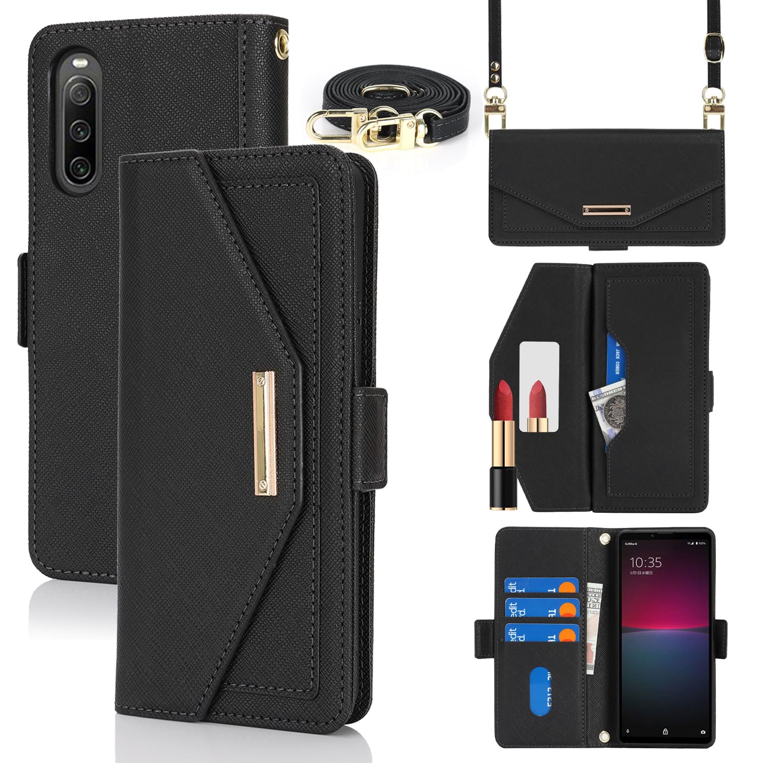 商品情報商品の説明Pelanty for Sony Xperia 10 IV 手帳型ケース 縄掛け肩掛け斜めがけ 合成皮革+TPU 携帯カバー 化粧鏡+ストラップ付き マグネット SO-52C SOG07 財布型カバー ICカードポケット ...