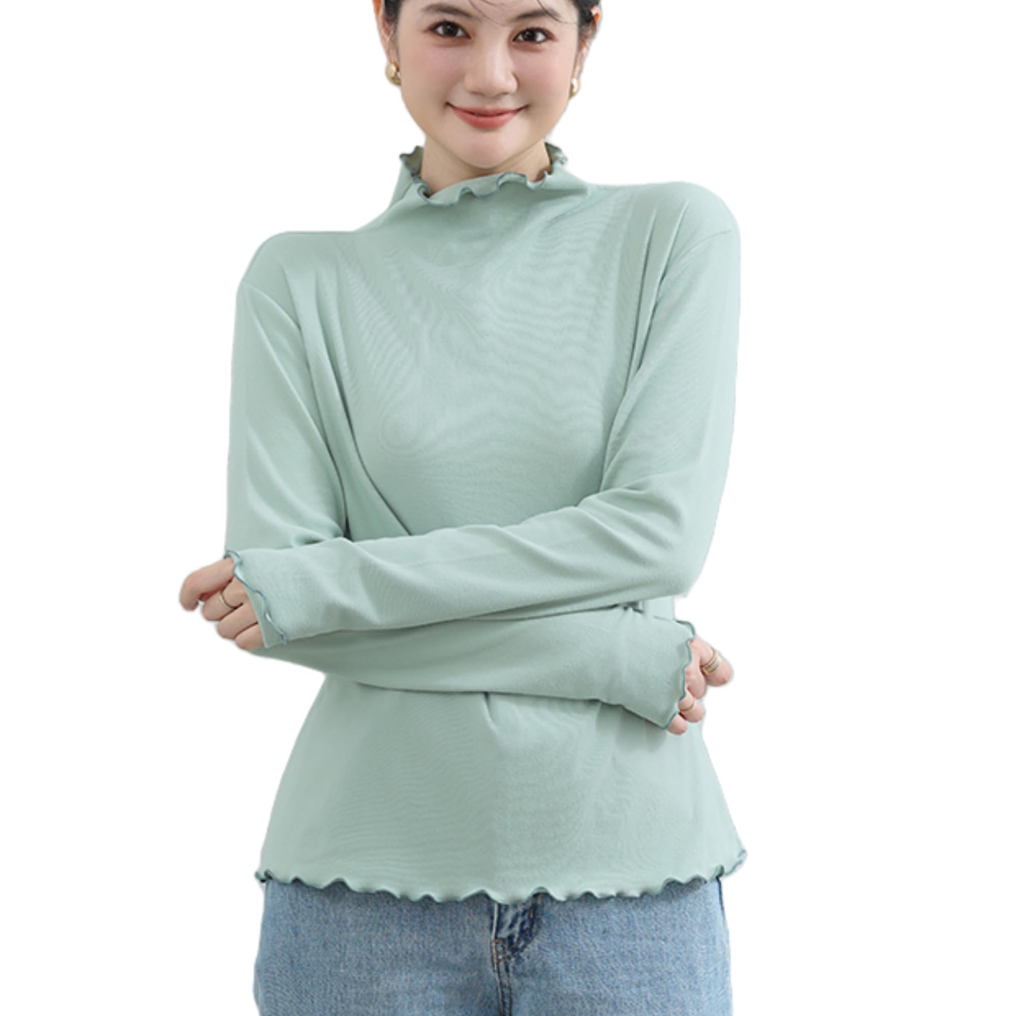 商品情報商品の説明説明 綿混生地で肌触りよく、厚みもあるのでインナーにうつらない素材感。寒い朝も触れた瞬間から暖かさを実感。 伸縮性があり、柔らかい薄手の素材は着膨れしにくく、レイヤードコーデがしやすい一枚。 ニットやジャケットから見えるメ...