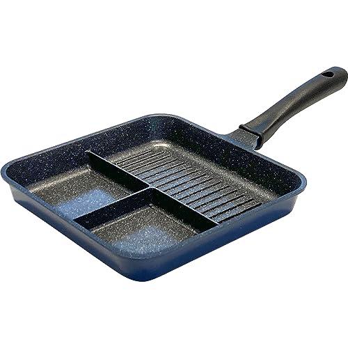 3品同時に調理できる仕切り付きで、洗い物が少なく便利です 魚やステーキ、フレンチトースト等が焼きやすいワイドサイズです 凹凸がある面は、焼いた食材の脂が落ちるのでヘルシーに仕上がります 内面はこびりつきにくく、金属ヘラが使えるマーブルコート...