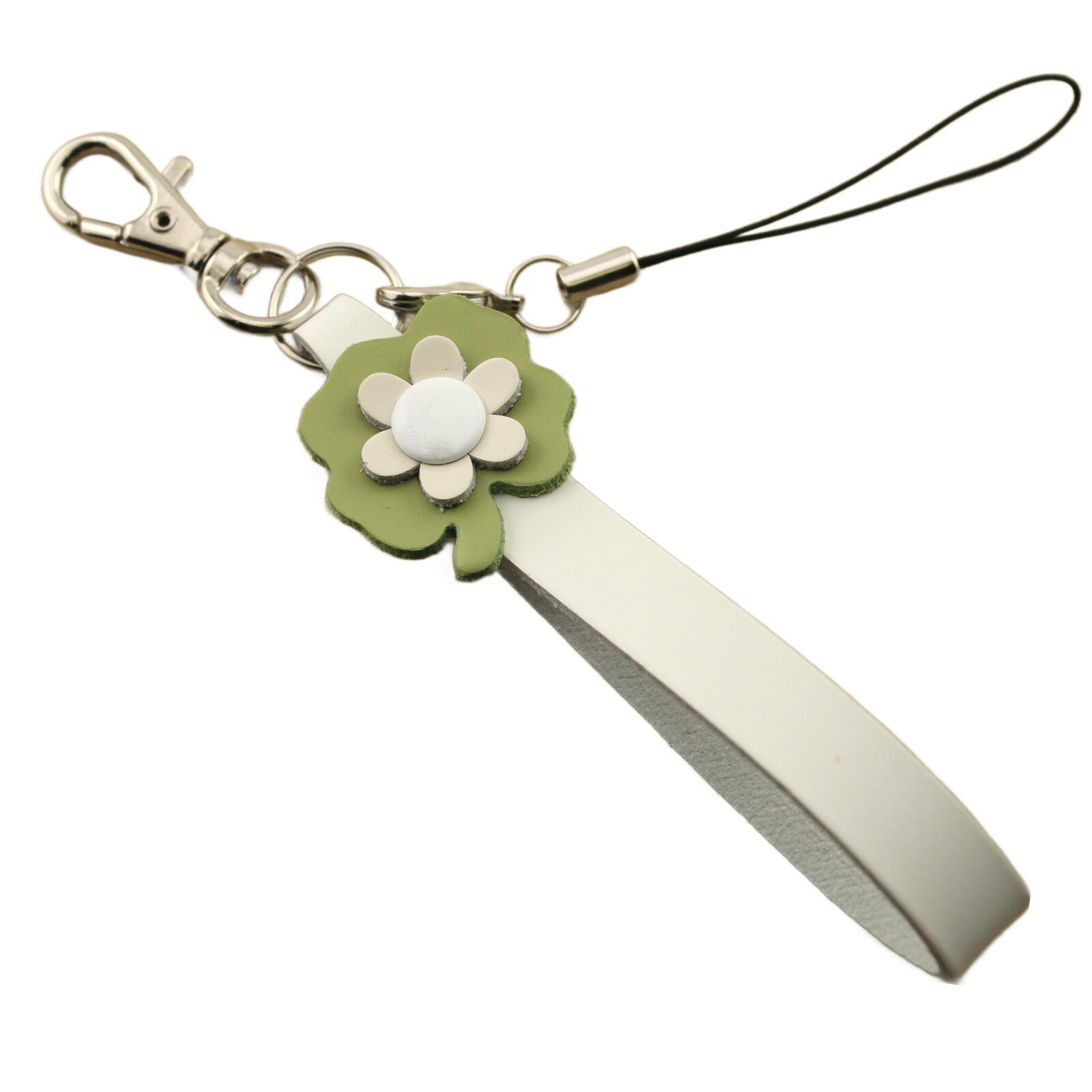 ☆素材：牛革、金具シルバー ☆サイズ：約9cm　幅：約1cm ※多少サイズに誤差があることがありますが予めご了承ください。 ・牛革を使用したレザーショートストラップです。クローバー型の革モチーフに、お花のチャームを合わせた大人可愛いデザイン...