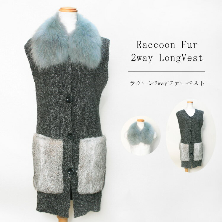 ナチュラルの風合いを残したラクーンファー襟が美しいベストです。 取り外しができる襟なので、ゴージャスな襟のみでの使用や、 ニットベストだけでカジュアルにも着こなせます。 隠しボタンやポケット風ラビットファーなどデザイン性にあふれたベストです...