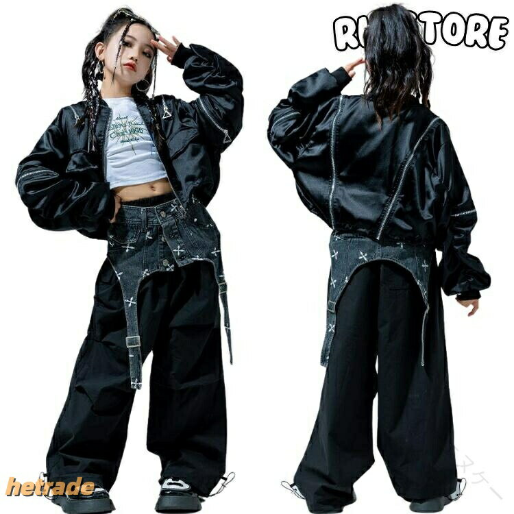 関わらず受注してしまう恐れがあります。予めご了承下さい。.ダンス 衣装 キッズ 用 セットアップ は ジャケット と 黒 の パンツ の 長袖 セット です。ヒップホップ スタイル で キッズダンス や 女の子 の ストリート ダンスウェア...