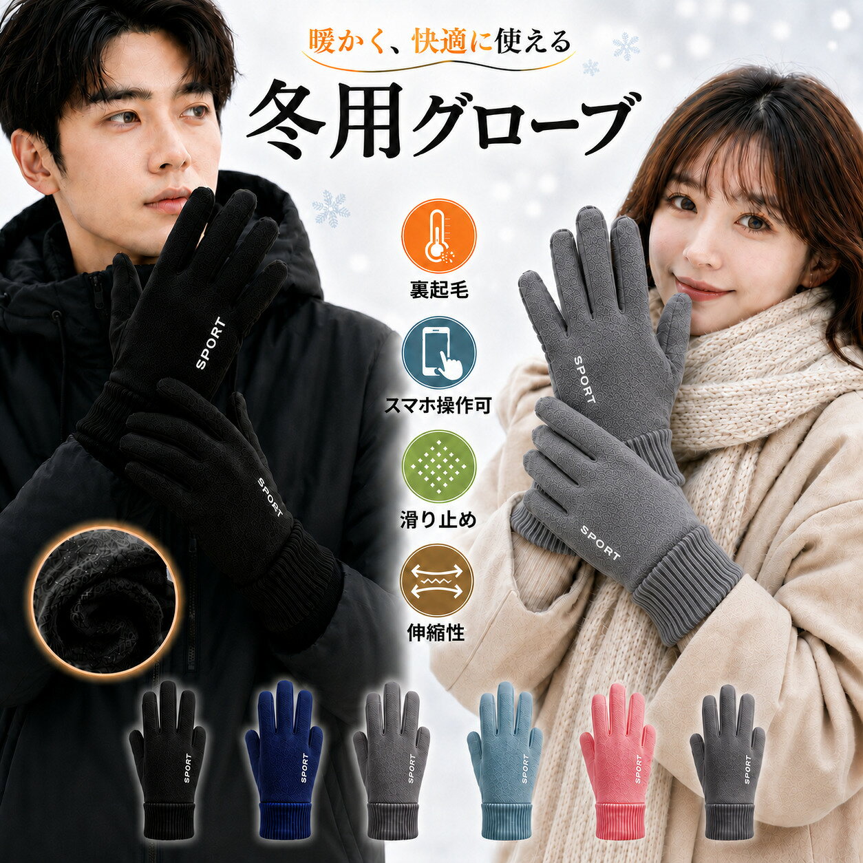 裏起毛素材が暖かい冬用手袋。 スエード素材が暖かみを演出してくれます。 高ストレッチで伸縮性もあり簡単脱着。 手首はリブ編みにより風の侵入を防いでくれます。 親指と人差し指部分はスマホ対応の素材で作られています。 手のひら部分は滑り止め付き...