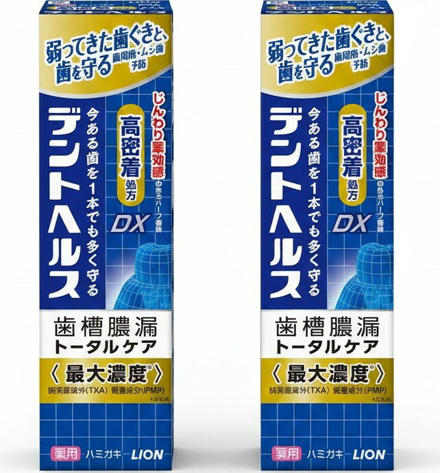 ムシ歯・歯周病・口臭を予防します 歯槽膿漏トータルケアライオン デントヘルス 薬用ハミガキDX 85g 2個 ムシ歯・歯周病・口臭を予防します 歯槽膿漏トータルケア　弱ってきた歯ぐきと歯に密着する高密着　医薬部外品 高濃度フッ素1450pp...