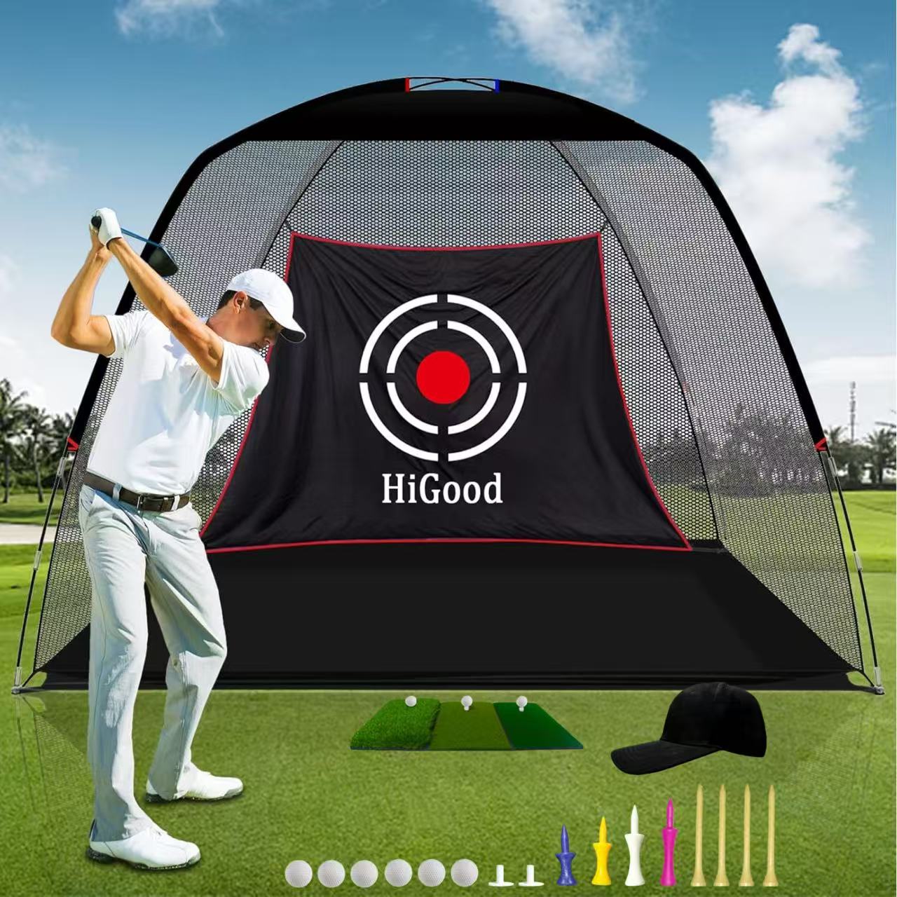 【セット内容】 ゴルフネット（3x2.1x1.8m） ゴルフ練習マット ゴルフボール x6 ゴルフティー x10 帽子 【室内と屋外で使用可能なゴルフ練習ネット】 ゴルフの練習が室内でも屋外でもいつでも可能。自宅の庭、リビング、ガレージはも...