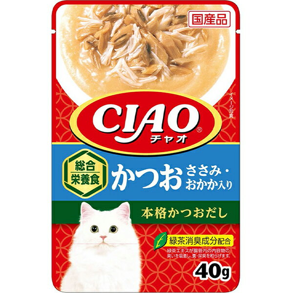 ささみのペーストにかつお・ささみのフレークとおかか（かつお節）を加え、おいしいかつおだしで仕上げました。＜総合栄養食＞ 【 原材料 】 かつお、鶏肉（ささみ）、鶏脂、かつお節エキス、かつお節、糖類（オリゴ糖等）、植物性油脂、増粘安定剤（加工...