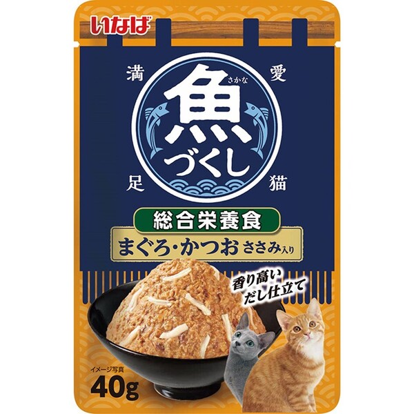 好評の魚づくしの総合栄養食タイプ。まぐろとかつおの細かめフレークに猫ちゃんの好きな素材をトッピングしました。 ＜総合栄養食＞ 【 原材料 】 魚介類（かつお、まぐろ、かつおエキス）、でん粉類、ひまわり油、鶏肉（ささみ）、オリゴ糖、寒天、ミネ...