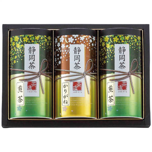 贈り物に最適なギフト対応商品 箱サイズ 　27.4×19×8cm 商品内容 　静岡産煎茶80g　　　　2缶 　静岡産かりがね茶80g　1缶 賞味期間 　製造日より常温約360日