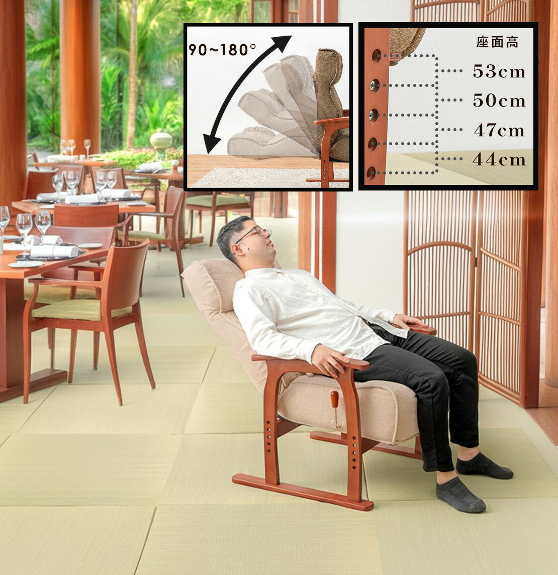 手元レバーで背もたれ角度が調整できる高座椅子。座面の高さも調整できます。座面の構造はポケットコイルスプリングと低反発ウレタンが入っているので座りもGood サイズ(約)幅63×奥行81-122×高さ105-57×座面高44/47/50/53...