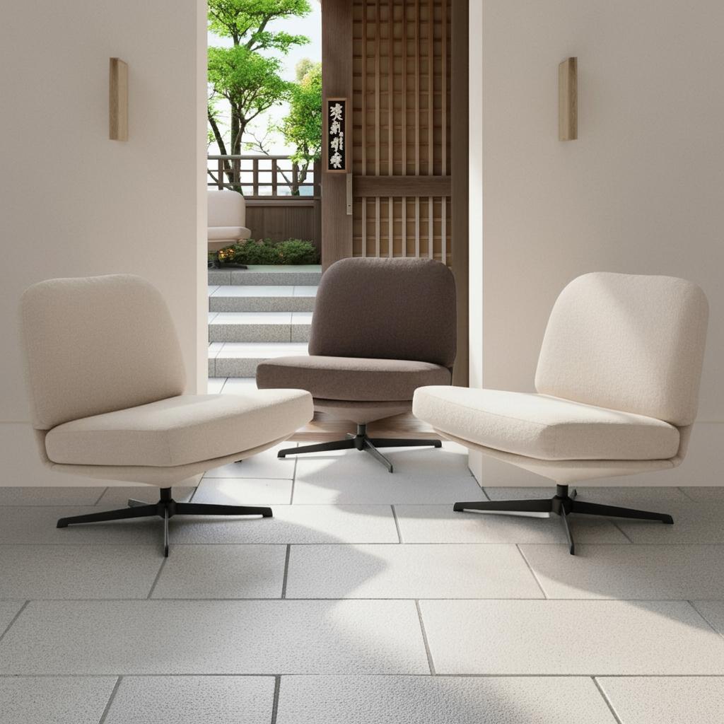 商品サイズW64×D82×H75×SH38cm 商品重量約10kg 素材スチール(粉体塗装) ポリエステル 静的耐荷重80kg お客様組立式。スチールの脚と柔らかなファブリックが調和。360度回転機能搭載。座面が38cmと低めなのでリビング...