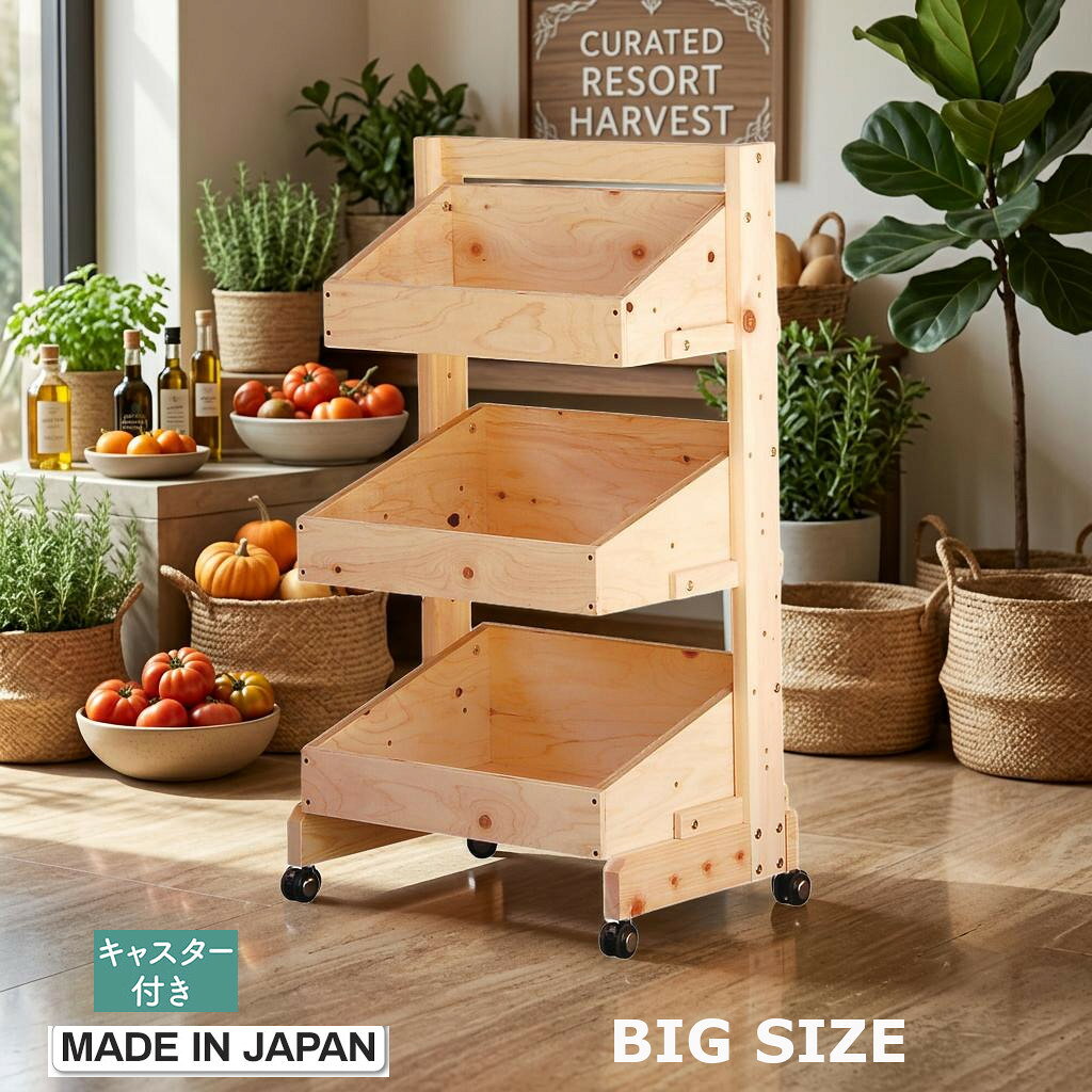 良質な建築材としても有名な日本産ひのき材を使用した合板を用いた物販什器シリーズ（芯材まで全て桧を使用）組立て式の陳列什器（キャスター付/片面タイプ）。オール桧の ナチュラル感あふれるたたずまい。食品や雑貨の陳列にぴったり。キャスター付きで移...