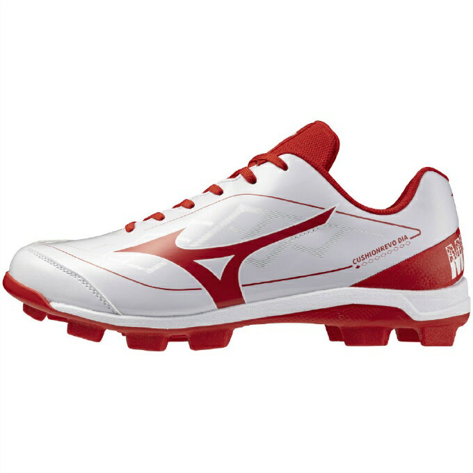 ■カラー：62 ホワイト×レッド ■サイズ：23.0～29.0cm ■質量：約290g(27.0cm片方) ■素材： 甲材/人工皮革、合成繊維 底材/合成底 スパイク/合成樹脂(固定式) ■ウィズ：3E相当 ■インソール：BBインソール、取...