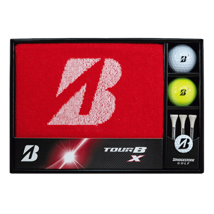 コンペ賞品に使えるボールギフト ■サイズ：縦18×横26×高さ4.5cm ■素材： ・TOUR B Xホワイト×1、イエロー×1 ・ハンドタオル（綿100%、縦約36×横約34cm）×1 ・ウッドティー（天然木、約60mm）×3 ・マーカー...