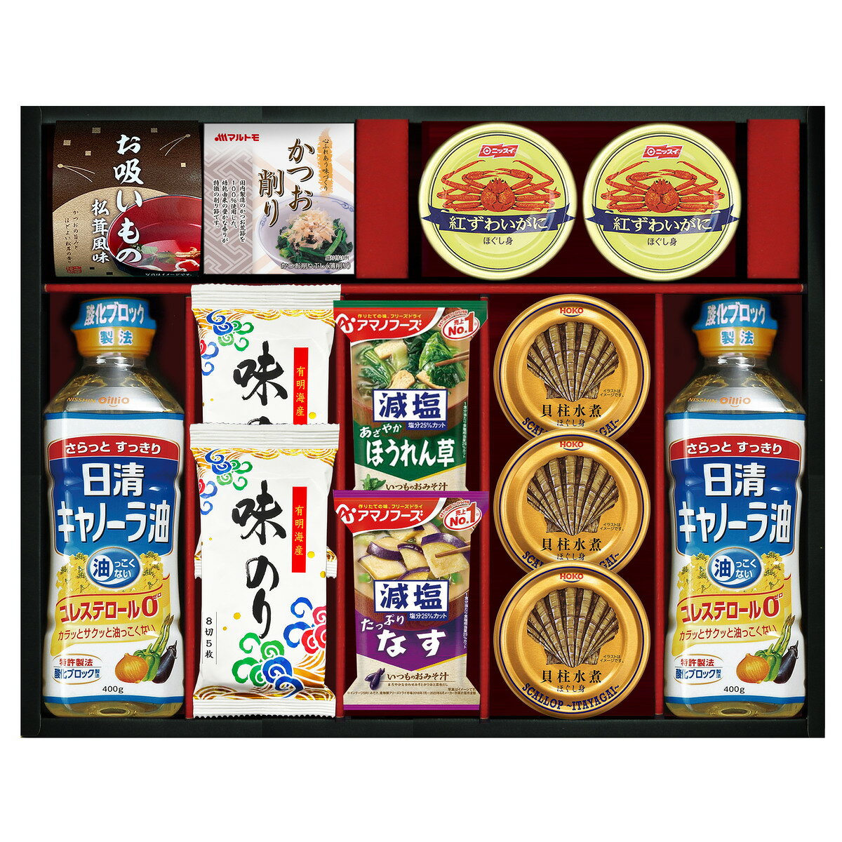 製品品番・CA-100商品構成日清キャノーラ油400g×2、アマノフーズ減塩いつものおみそ汁なす9.0g、アマノフーズ減塩いつものおみそ汁ほうれん草6.8g、マルトモかつおパック（0.7g×3）、有明海産味のり（8切5枚）×2、永谷園お吸い...
