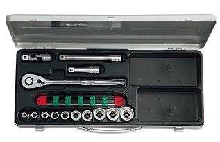 ＜仕様＞ ●メタルケース付(寸法:外寸455mm×190mm×60mm) ●セット入数(点):14 ●ソケット内容(mm):6角:8、10、12、13、14、17、19、21、22、24 ●ハンドル内容:ラチェットハンドル、エクステンション...