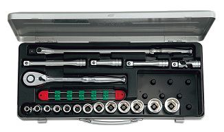＜仕様＞ ●メタルケース付(寸法:外寸455mm×190mm×60mm) ●ソケット内容(mm):6角:8、10、11、12、13、14、17、19、21、22、24、26、27 ●ハンドル内容:ラチェットハンドル、スピンナハンドル、エクス...