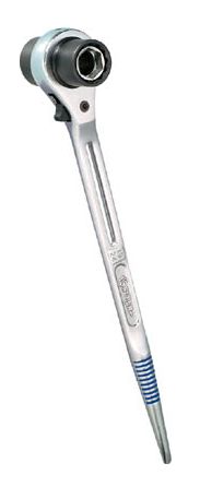 ＜仕様＞ ●全長(mm):310 ●対辺寸法(mm):14×17、19×21 ●厚み(mm):62 ●質量(g):440 ＜特長＞ ●正逆は切り替え爪式です。 ●1丁で4サイズのボルト・ナットに使用できる便利なラチェットレンチです。 ●アウ...