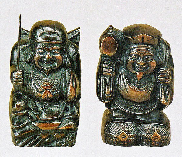 高岡銅器の 置物 福の神(恵比須・大黒) 材質 銅製 寸法 高13cm 付属 桐箱 七福神 について [恵比須] 商業・漁業・海上の守護神、福利を招来する神。 [大黒] 福徳の神として民間に信仰される。 [布袋] 弥勒(みろく)の化身として...