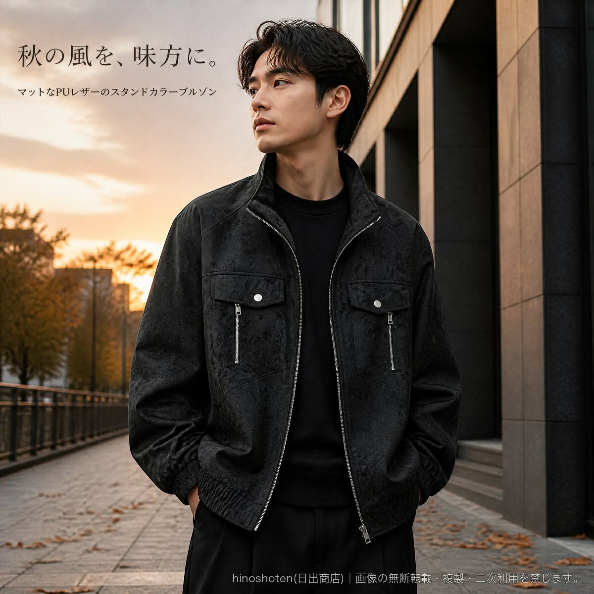 スタンドカラーとフロントジップで仕上げた、メンズ向けPUレザージャケットです。しっとりとした風合いのマットなフェイクレザーが、シンプルな無地デザインに存在感を添えます。ゆったりとしたシルエットに、裾と袖口のゴム仕様を組み合わせた薄手アウター...