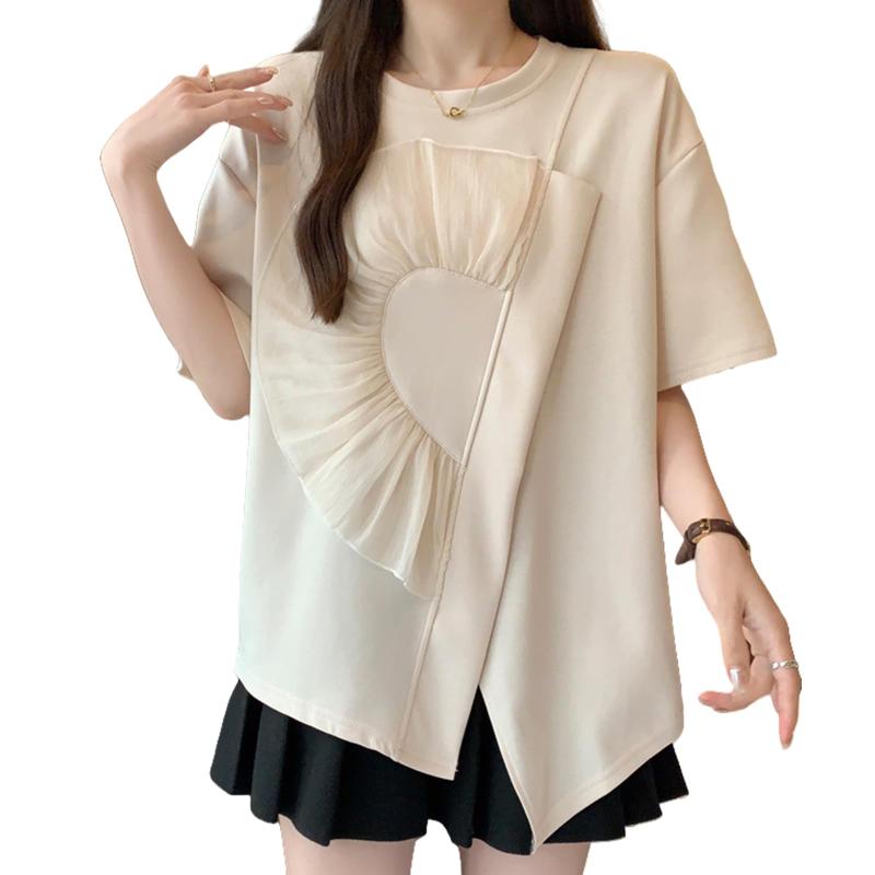 [MzcoYmm] tシャツ レディース 半袖 ティーシャツ 立体 花飾り アシンメトリー トップス ゆったり 体型カバー クルーネック カットソー 可愛い 普段着 春 夏
