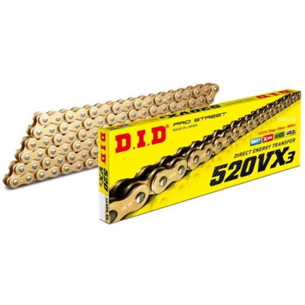 D.I.D 大同工業 チェーン 520VX3 VXシリーズチェーンサイズ:520リンク数:(106L)シールタイプ:X-Ringジョイントタイプ:ZJ(カシメ)カラー:ゴールド組み立て精度向上により、重量を増加させる事なく、チェーンの剛性を...