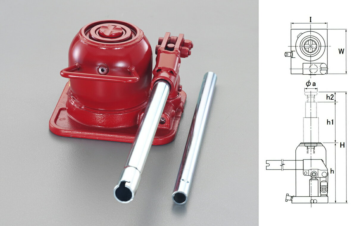 能力：3t最低高(h)：120mm最高高さ(H)：270mm揚程(h1)：150mm受金サイズ：φ34mmハンドルサイズ：φ21.7X600mmベースサイズ：154X167mm操作力：274N操作回数：108回油量：330mL重量：6.2k...