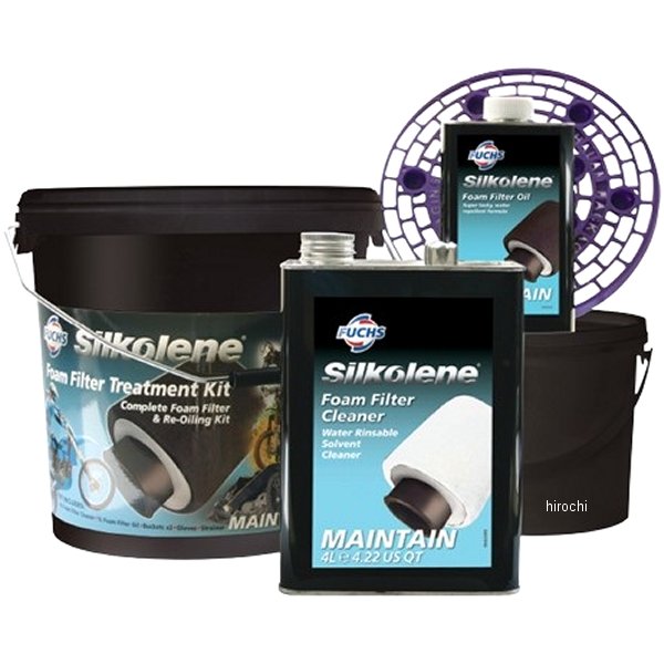 シルコリン SILKOLENE フィルターキットフィルタークリーナー(4L)、フィルターオイル(1L)、バケツ×2、ストレーナ、グローブ(ビニール製)がセットになったフィルターキットです。汚れた湿式フィルターをスマートに洗浄できます。※パッ...