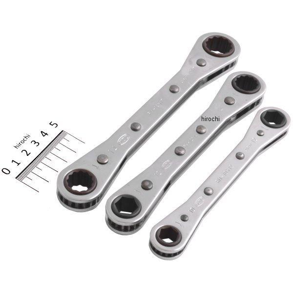 RM03 板ラチェットめがねレンチセット (3本組)RM-10X12、12X14、14X17※口径10〜12mmは六角、14mm以上は十二角です。強力な板バネにより“カチッ”“カチッ”と小気味よい連続音を発し、ラチェット作業ができます。頭部...