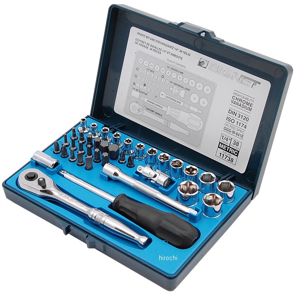 シグネット 1/4DR 38PC mm ソケットレンチセット・差込角(インチ DR)：1/4セット内容：スタンダードソケット(3.5,4,4.5,5,5.5,6,7,8,9,10,11,12,13,14mm)、ビットアダプター、ラチェットハ...