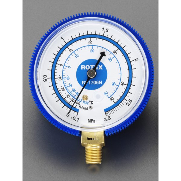 ゲージ径：φ68圧力範囲：-0.1から3.8MPa接続ポート径：1/8"NPT適用冷媒種：R32、R410AR32、R410A冷媒飽和温度目盛付低圧側ゲージ000012256439 HD　