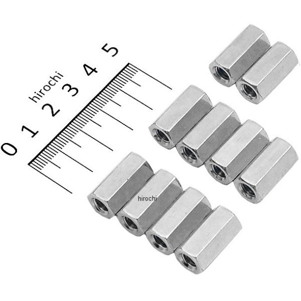 ●材質:鉄(SWCH・SS400・快削鋼)●仕上:ユニクロメッキ●適合ねじサイズ:M6●サイズ(H):20mm●サイズ(S):10mm●重量:9.7g●入数:10個ねじの継手用、長さ調節用として使用されます。000012232017 HD　