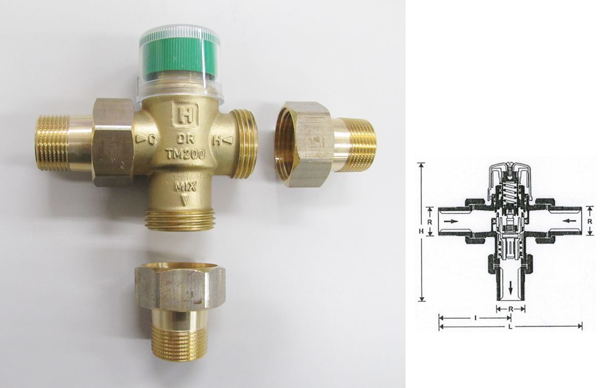 ●最高使用温度・圧力:90°C・1MPa●差圧:0.25MPa●設定温度:30-60°C●材質:本体:真鍮、温度調整ノブ:高耐熱性樹脂●本体ねじサイズ:R（PT）1"●ニップル装着時ねじサイズ:R(PT)3/4"●寸法:L:134mm l:...
