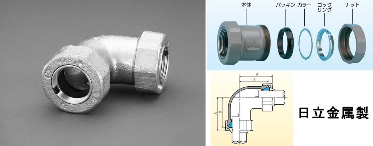 ●呼び:15A●ナット二面幅:44mm●ナット高さ:19mm●端面-中心間サイズ:X:50mm、A:58.5mm●材質:本体・ナット:可鍛鋳鉄（溶融亜鉛メッキ）、ロックリング・カラー:鋼、パッキン:NBR●重量:444g●最高使用圧力:水・...