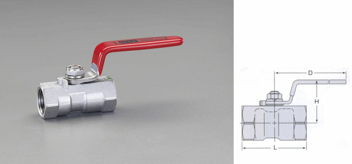 ●材質:ボディ:ステンレス(SCS13A)、ステム:SUS304、ボール:SUS304、ボールシート:グラスファイバー入PTFE、パッキン:グラスファイバー入PTFE、ハンドル:SUS430●最高圧力(水・油・ガス):常温:4.12MPa(...