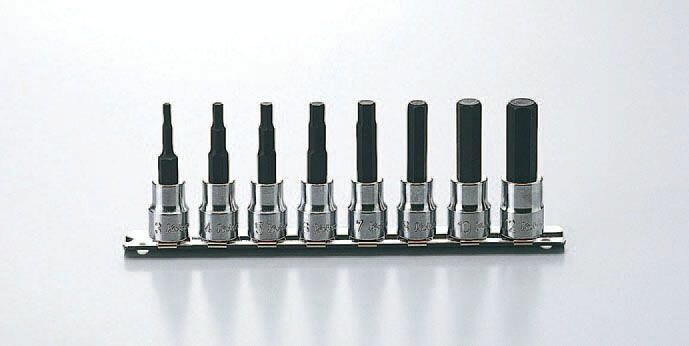 ●(セット内容)8本セットサイズ…3mm・4mm・5mm・6mm・7mm・8mm・10mm・12mmホルダー付●材質…ソケット：クロムモリブデン鋼、ホルダー：スチール●差込角…9.5mm (3/8”)●先端形状…六角形●軸長（ビットの長さ）...