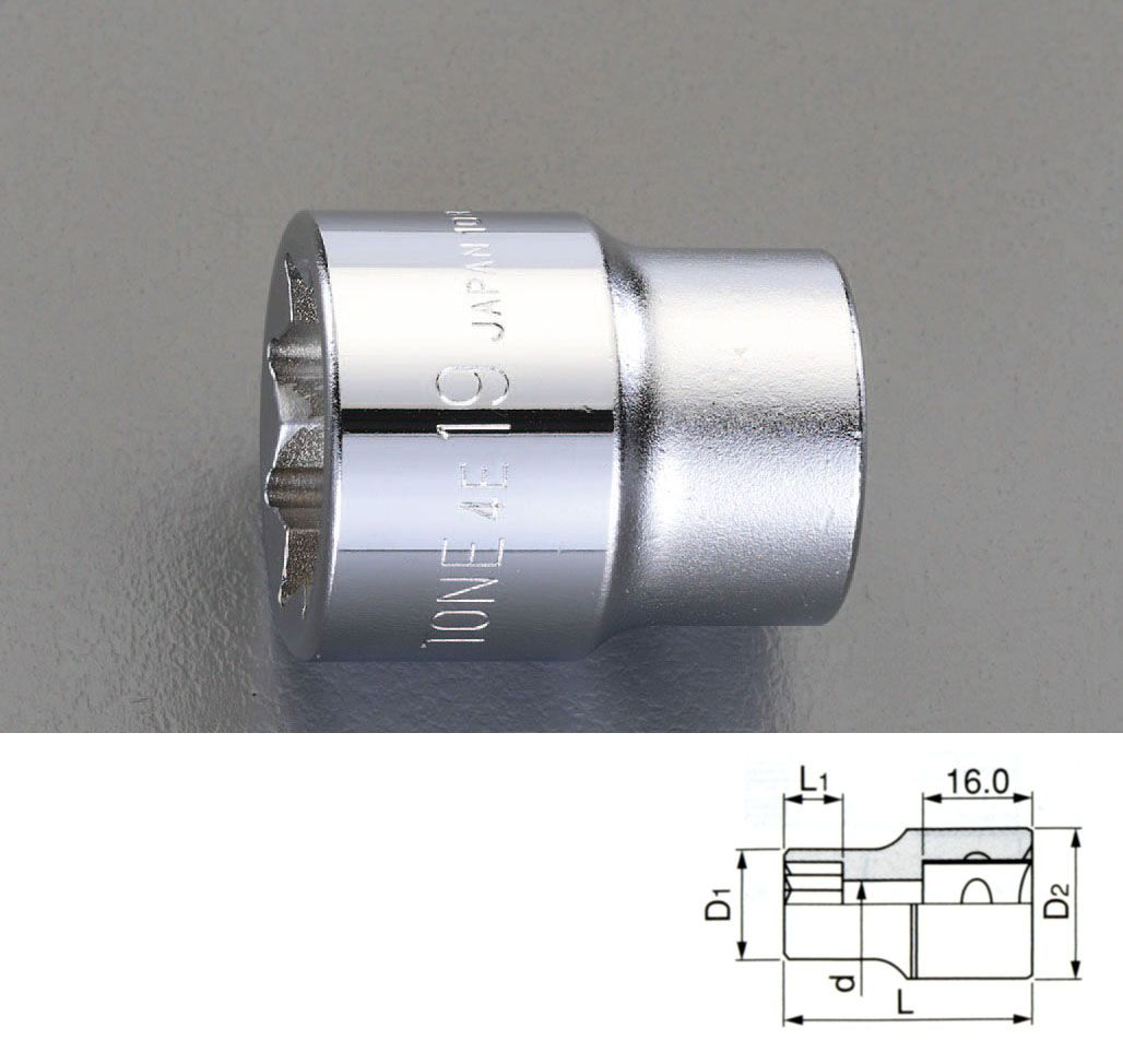 ●差込角…1/2インチ●対辺…22mm●サイズ…D1：36mm D2：29mm L1：15mm L(全長）：39.5mm d：18mm●重量…150g四角ボルト・ナット用(8角)000012227009楽天 HD店　