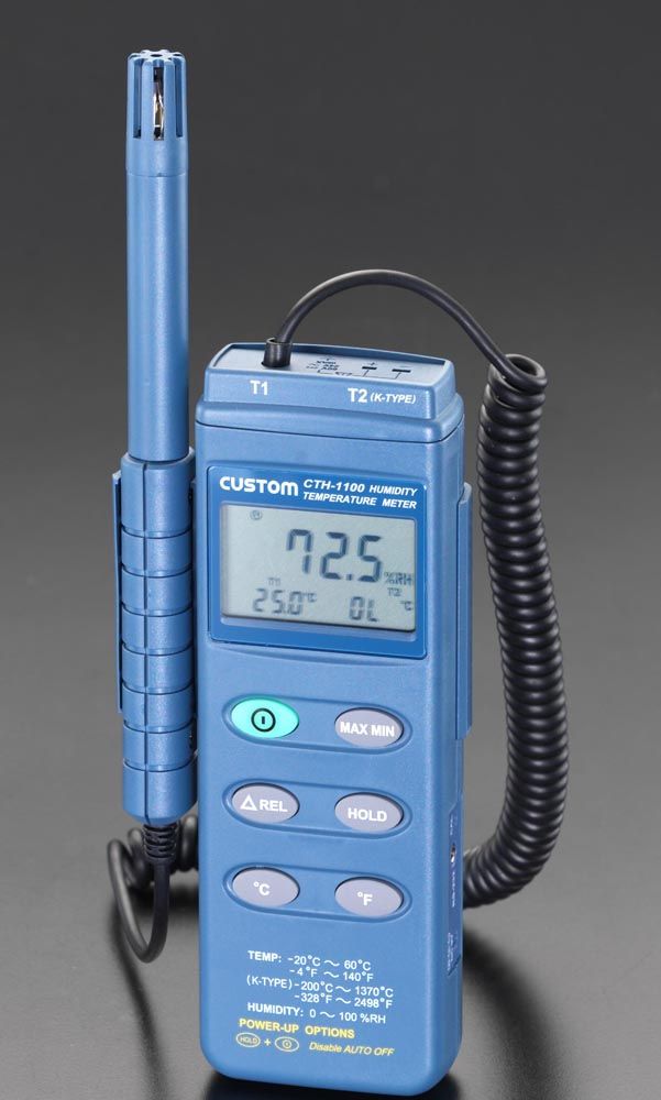 ●センサー…T1：サーミスタ、T2：熱電対Kタイプ(別売)●測定範囲…T1：-20〜60℃、T2：-200〜137℃、0%RH〜100%RH●分解能…0.1℃/0.1%RH●電源…9V電池×1個●サイズ…64×30×186(H)mm●重量…...
